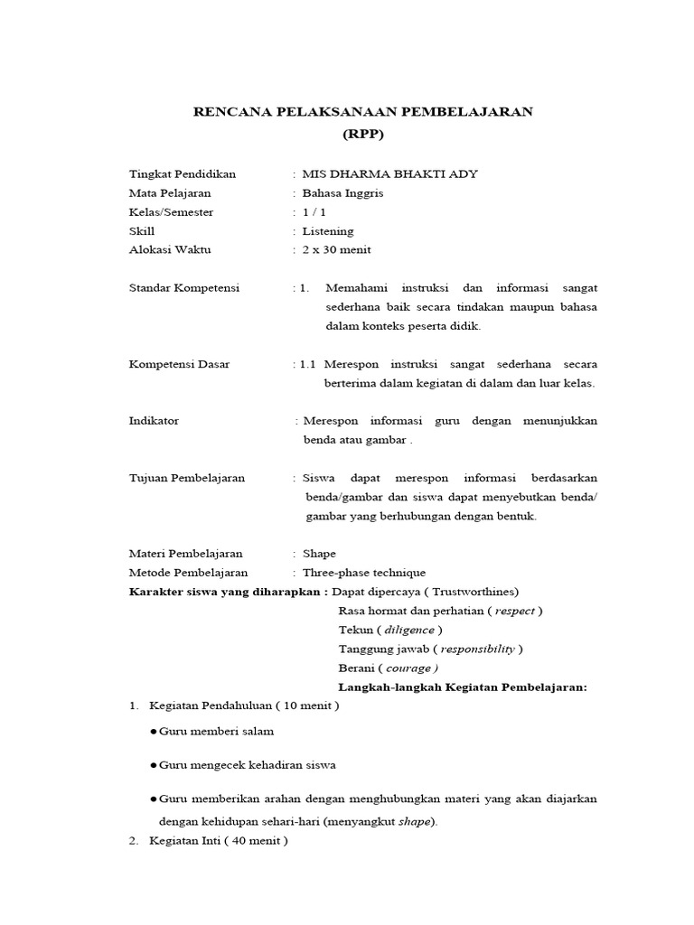 RPP Shape Kls 1 Oke | PDF