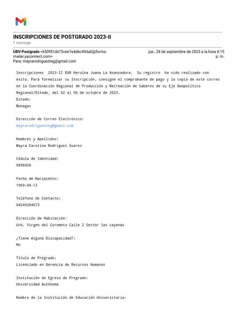 Gmail - INSCRIPCIONES DE POSTGRADO 2023-II | PDF
