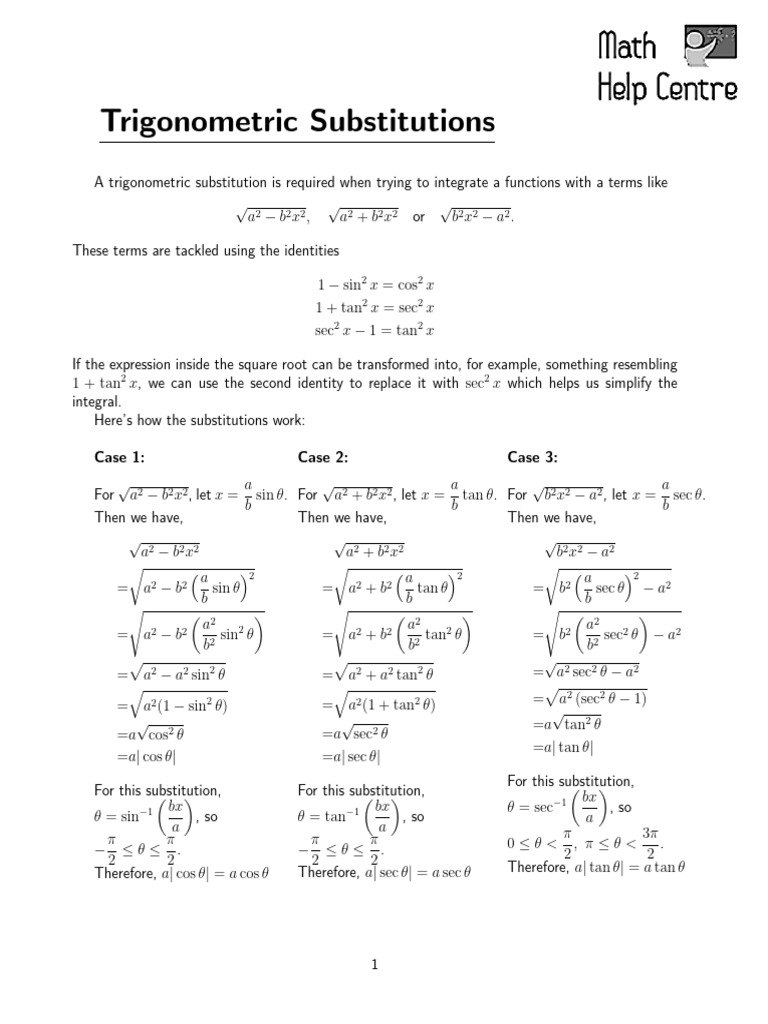 Trigonometric Substitutions Pdf Trigonometric Functions Elementary Geometry