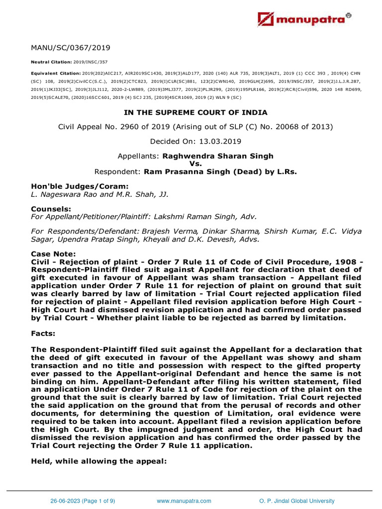 Raghwendra Sharan Singh Vs Ram Prasanna Singh (Dead) | PDF | Lawsuit | Federal Rules Of Civil ...
