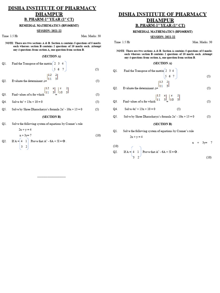 Remedial Mathematics CT Paper | PDF | Determinant | Mathematics