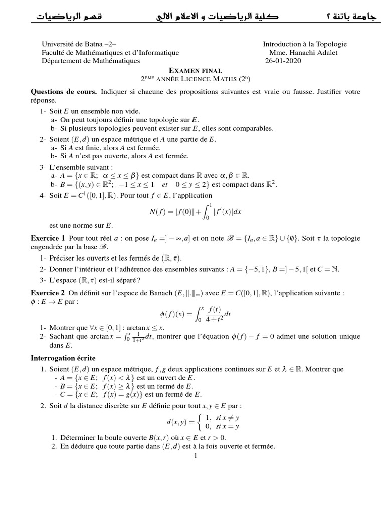 Examen Topo 2020 | PDF | Compacité (mathématiques) | Mathématiques