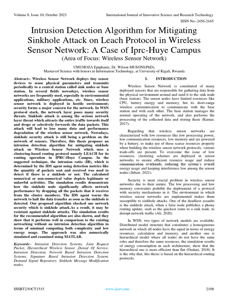 Intrusion Detection Algorithm For Mitigating Sinkhole Attack On Leach Protocol In Wireless