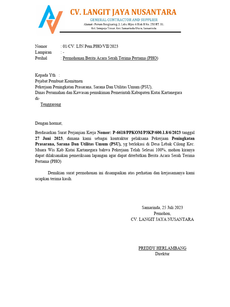 Permohonan PHO Pekerjaan PSU Lebak Cilong | PDF
