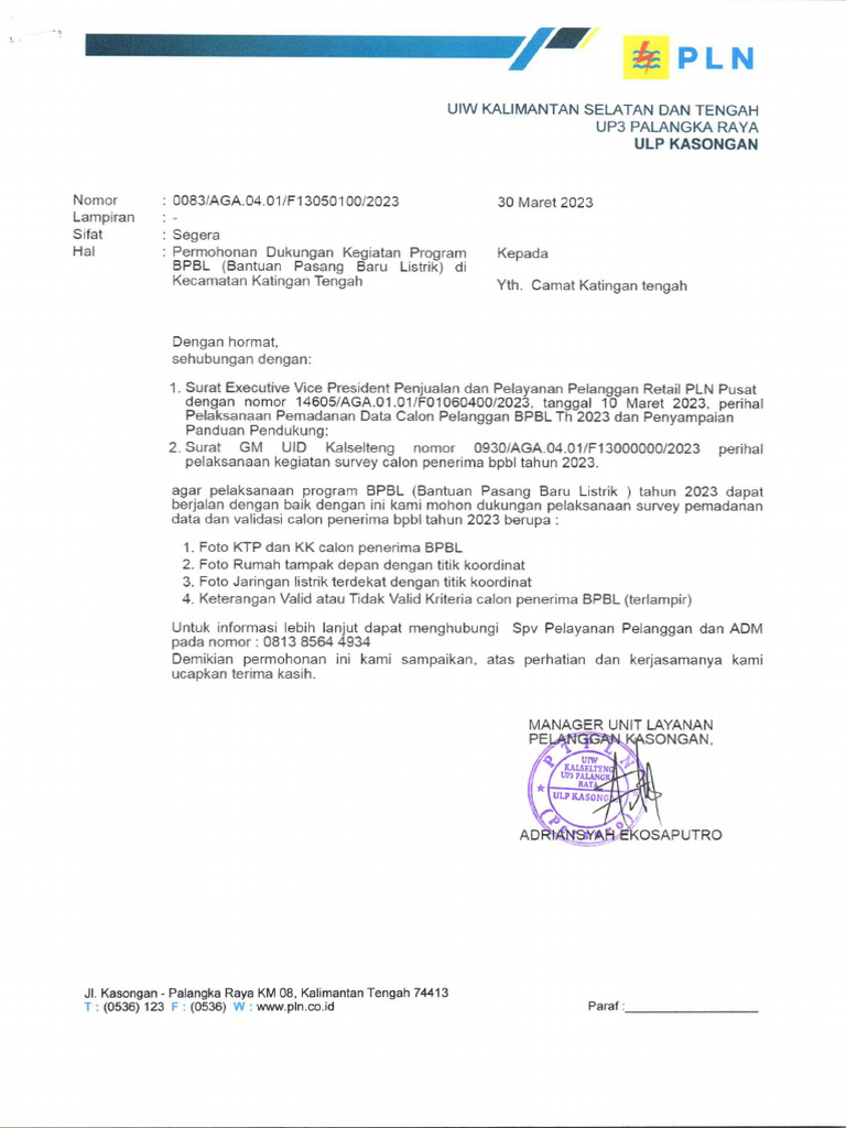 Surat Permohonan Dukungan Program Bantuan Pasang Baru Listrik | PDF