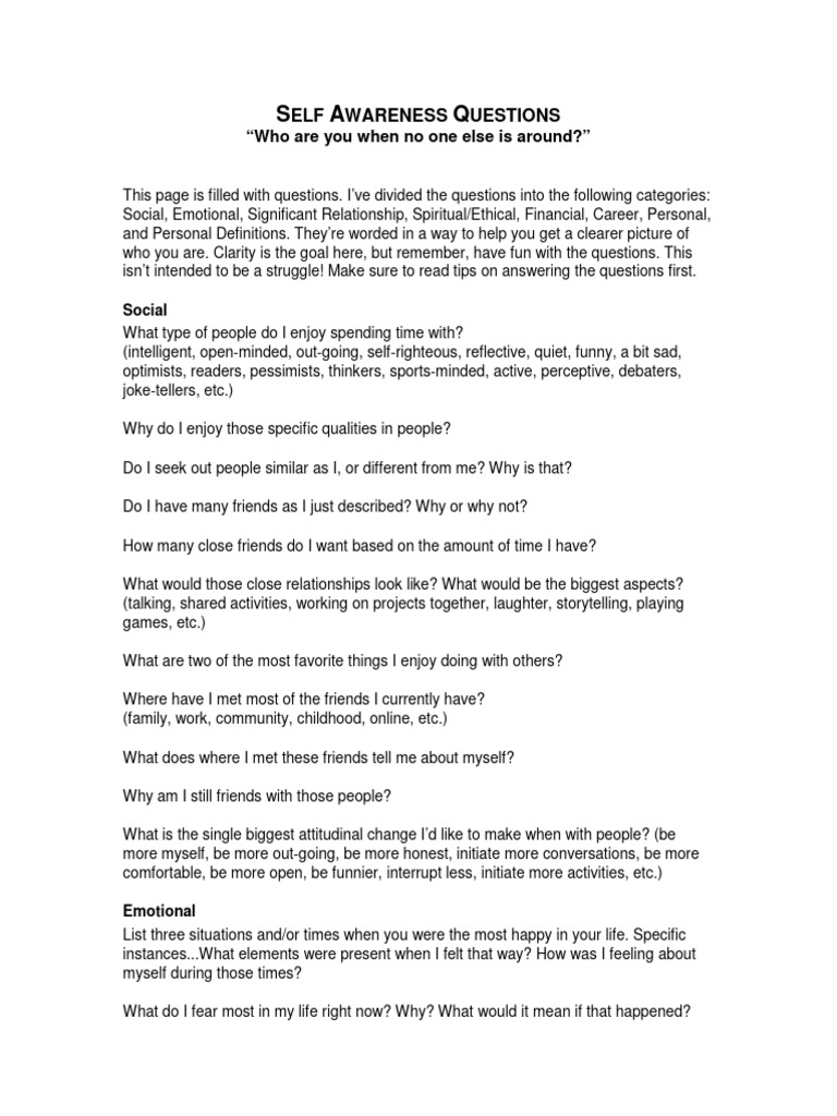Self-Awareness Questions for Clarity | PDF | Definition | Love