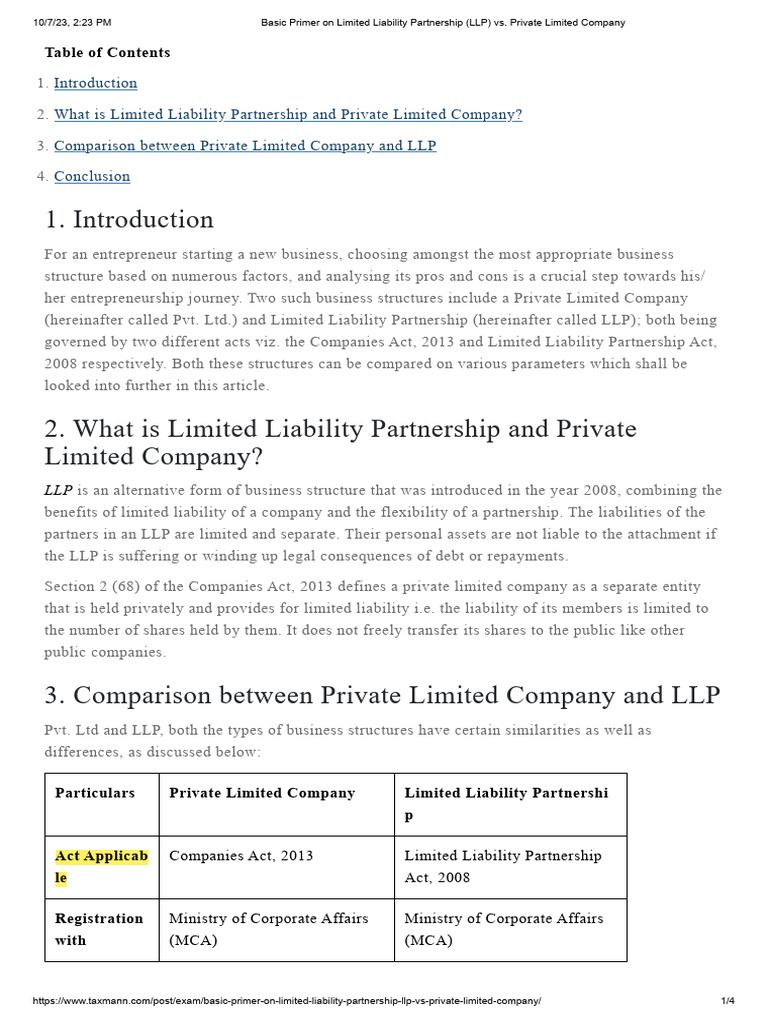 LLP vs Private Limited Company Explained | PDF | Limited Liability ...