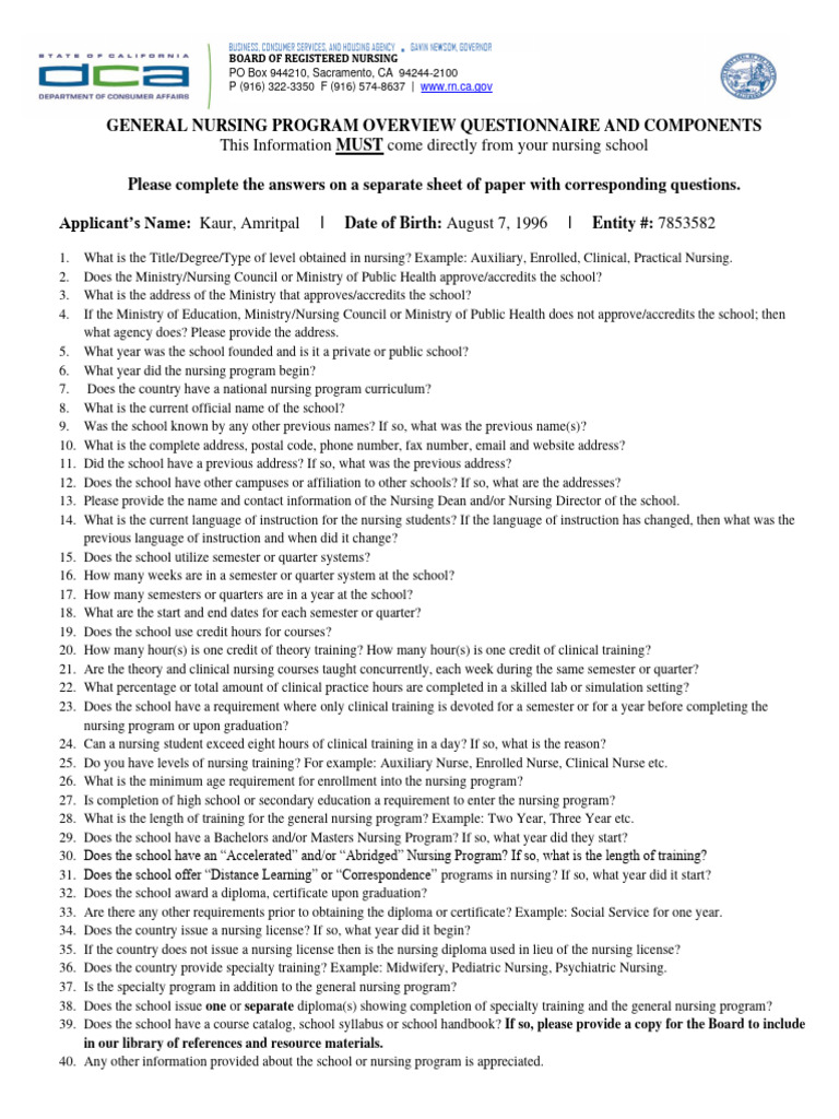 Nursing Program Overview Questionnaire | PDF | Nursing | Academic Term