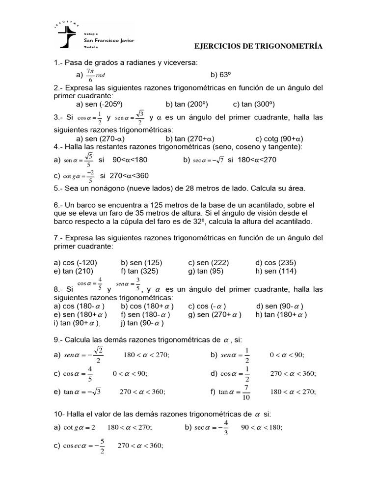Hoja Ejerc Trigonom Soluciones | PDF | Trigonometría | Funciones trigonométricas