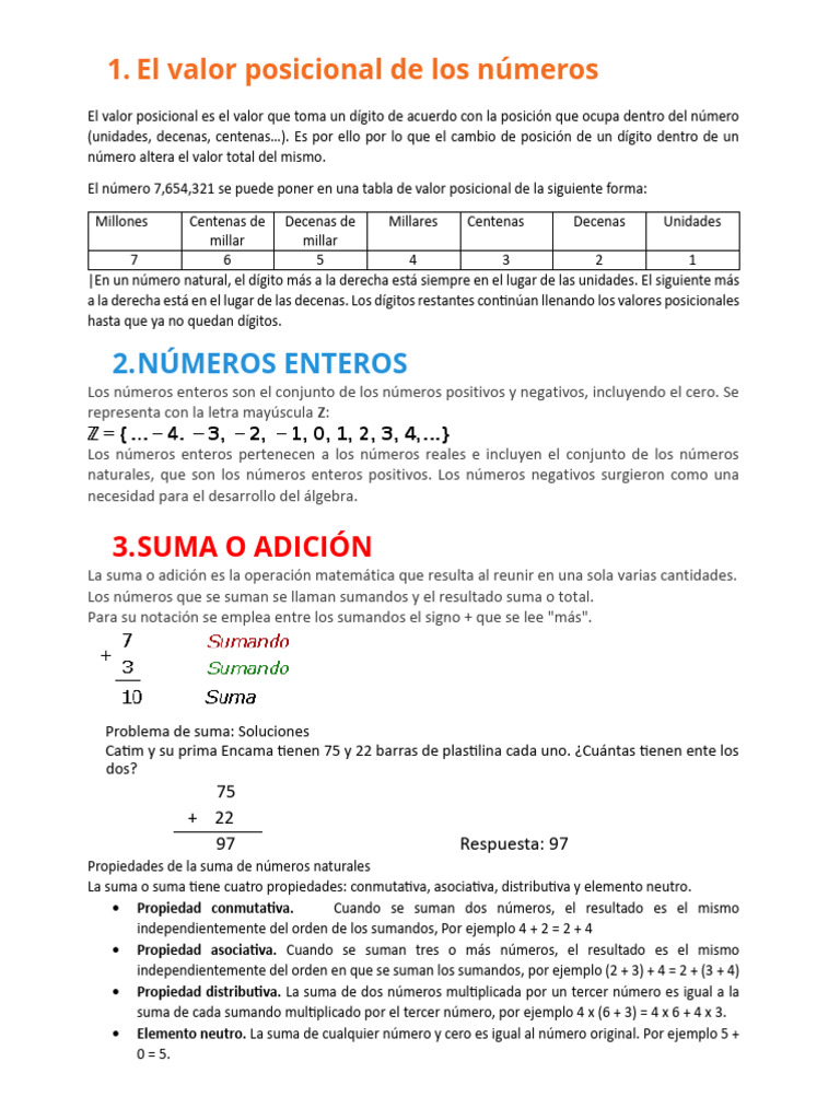 Valor posicional y operaciones básicas | PDF | Números | Entero