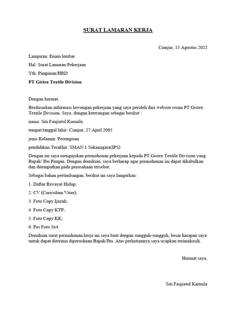 Surat Lamaran PT Gistex Textile Division | PDF | Karier & Perkembangan