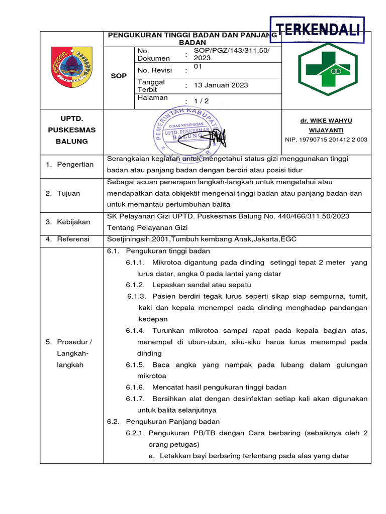 Sop Pengukuran Tinggi Badan Dan Panjang Badan 2023 | PDF | Pengembangan ...