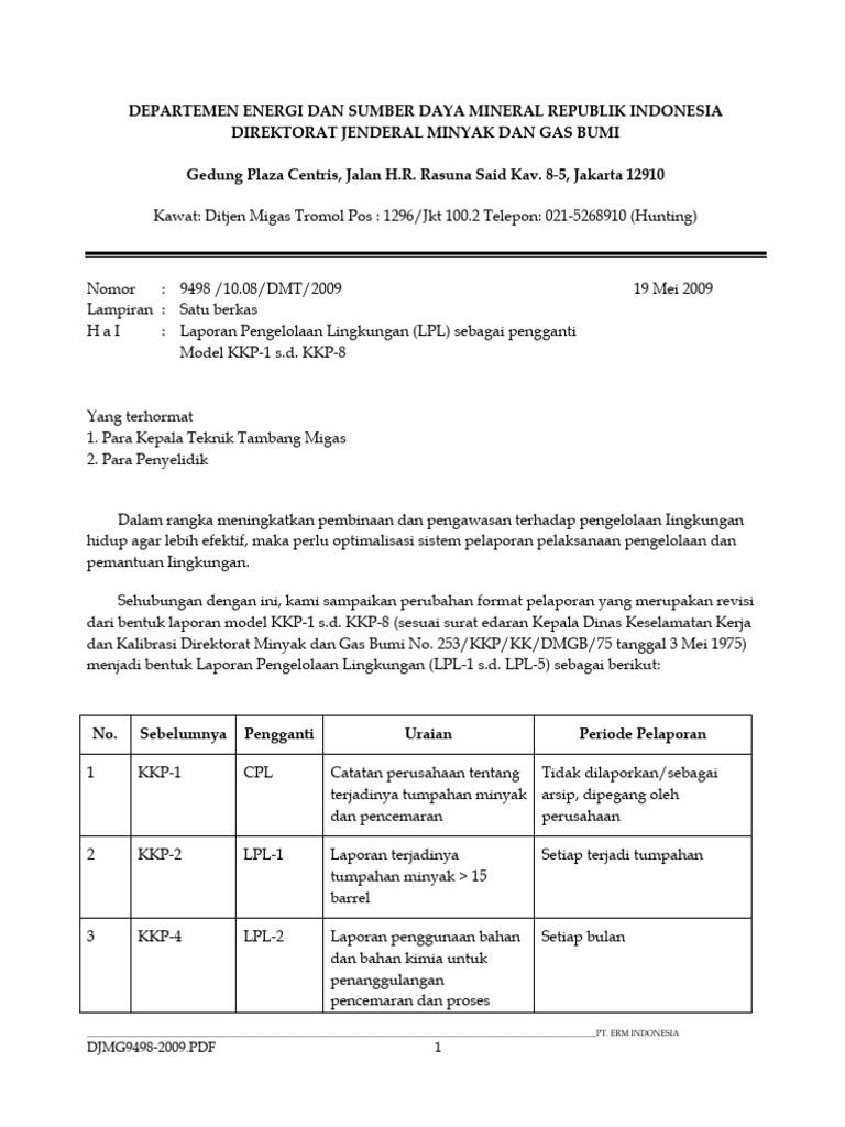 2009 Directorate General of Oil and Gas Decree Number 9498 Laporan Pengelolaan Lingkungan LPL ...