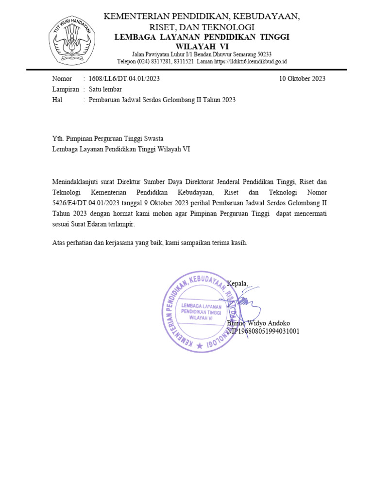 Surat Pengantar Pembaruan Jadwal Serdos Gelombang II Tahun 2023 | PDF Surat Pengantar Pembaruan Jadwal Serdos Gelombang II Tahun 2023 | PDF