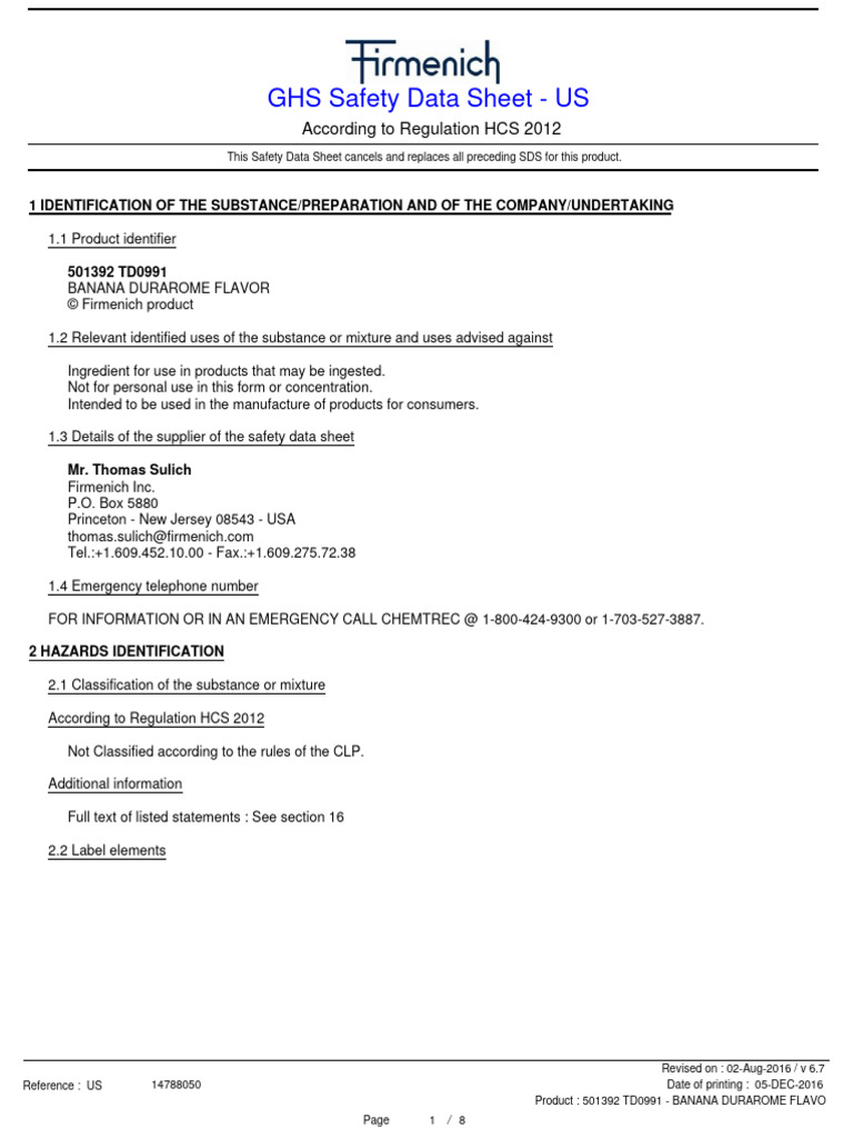 Banana Durarome Flavor Safety Data Sheet | PDF | Combustion | Physical ...