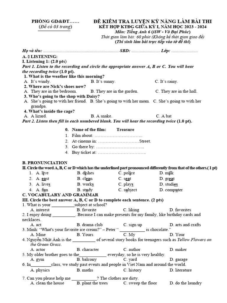 De Thi Giua Hoc Ki 1 Mon Tieng Anh 6 Sach I Learn Smart World | PDF | Linguistics