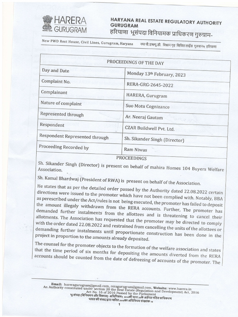 HRERA Order Mahira Homes 104 Suo-Moto Proceeding of The Day Dated 13-02-2023 | PDF