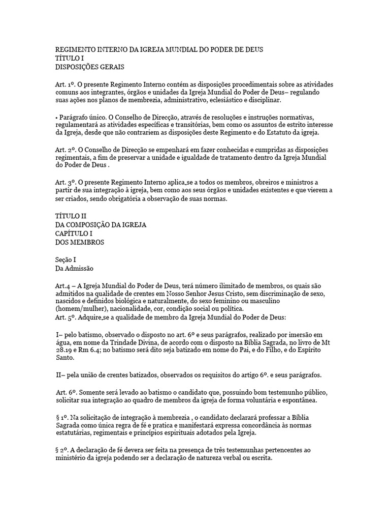 Regimento Interno da Igreja Mundial | PDF | Igreja católica | Igreja cristã