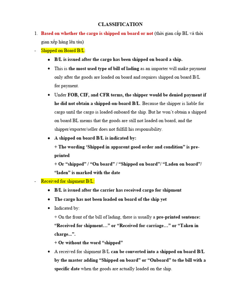 Classification BL | PDF | Bill Of Lading | Cargo