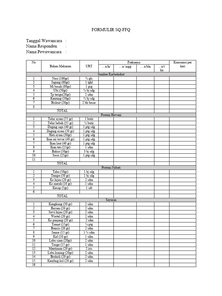 SQ-FFQ Food Frequency Questionnaire | PDF