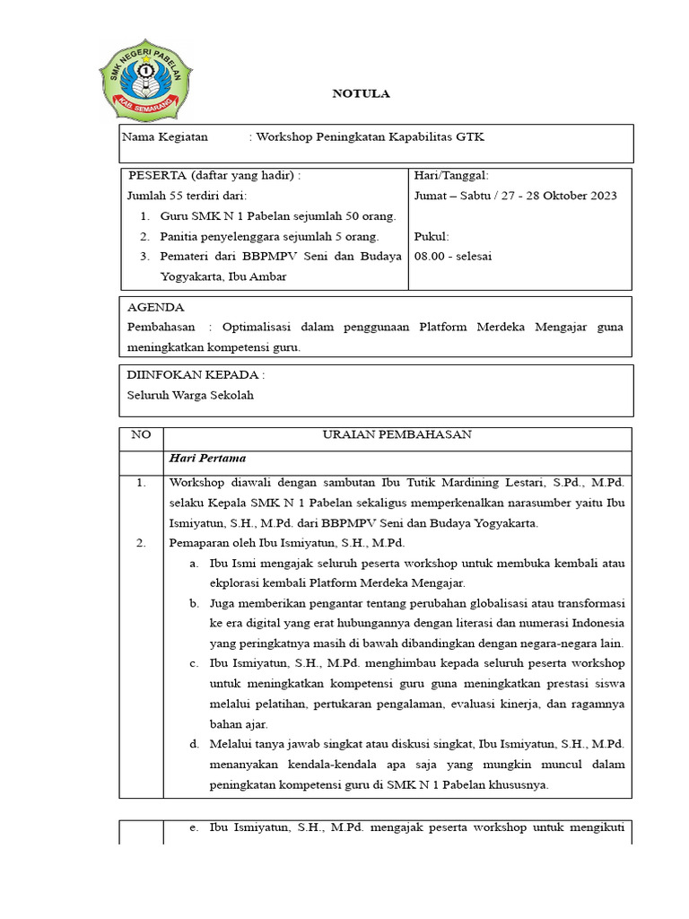 Notula Workshop PEMBELAJARAN DGURU DI SEKOLAH | PDF | Karier & Perkembangan | Ilmu Sosial