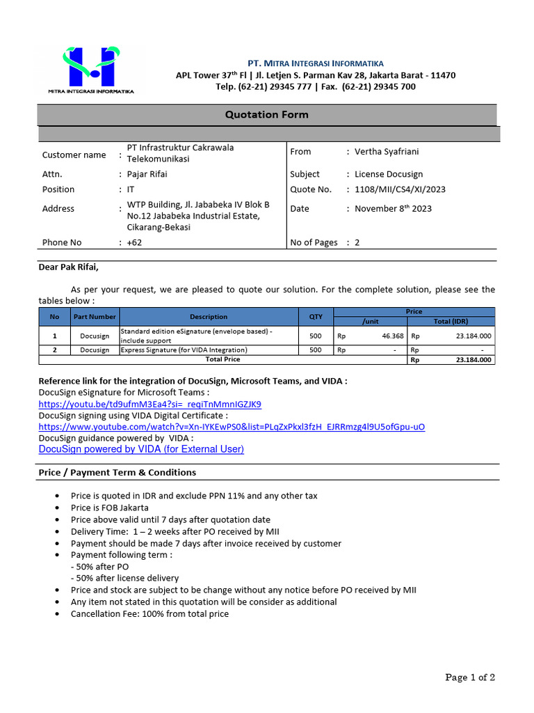 DocuSign License Quotation | PDF | Business | Computing