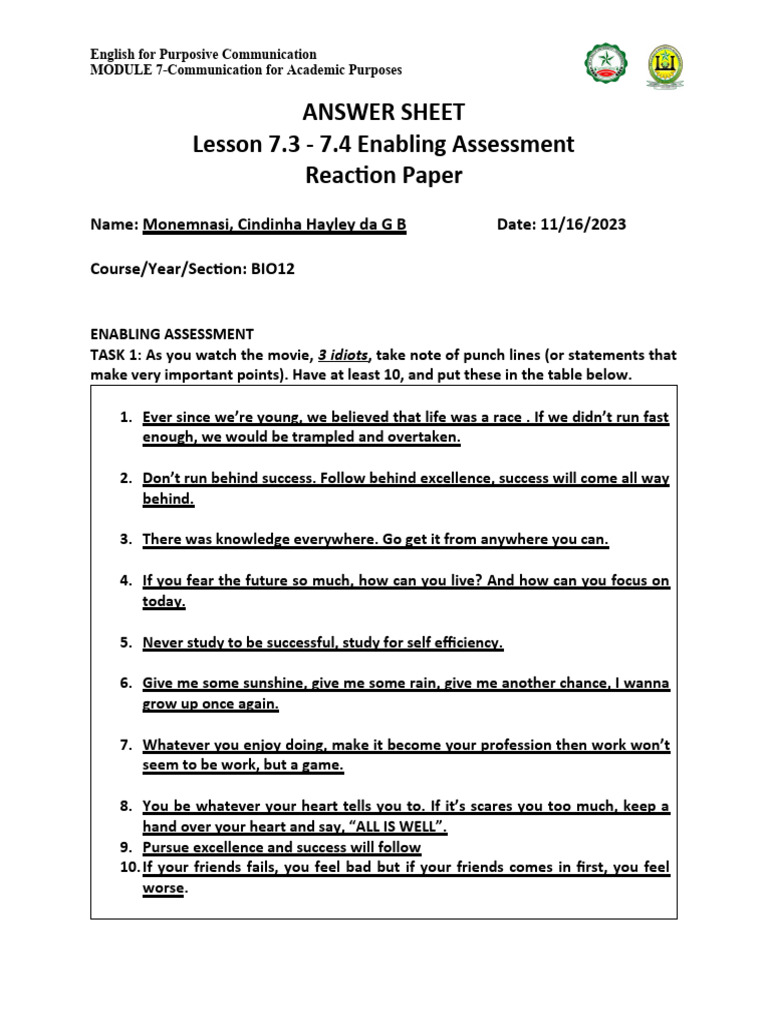 MODULE 7-ENABLING ASSESSMENT ANSWER SHEET-Lesson 7.3 7.4-3 Idiots | PDF ...