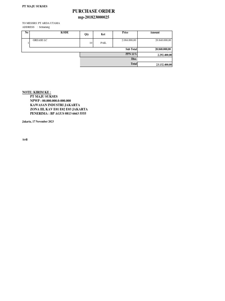 Contoh Purchase Order | PDF