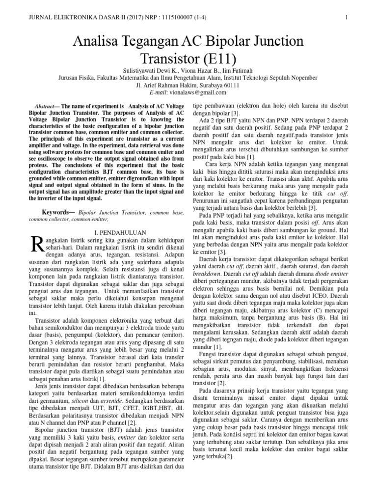Analisa Tegangan Ac Bipolar Junction Transistor E11 01111540000007 PDF Free | PDF