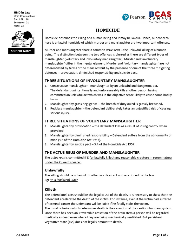 Note 04 - Homicide | PDF | Manslaughter | Common Law