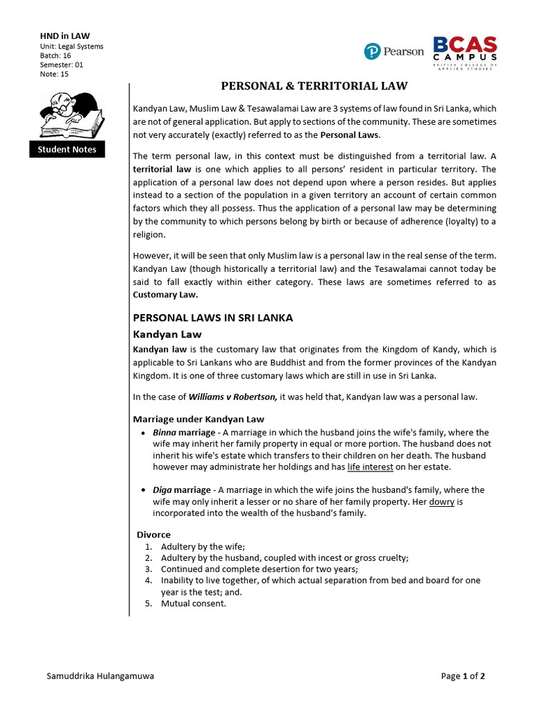 Personal and Territorial Law in Sri Lanka | PDF | Wife | Marriage