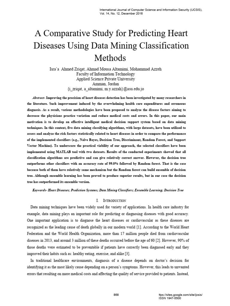 A Comparative Study For Predicting Heart Diseases Using Data Mining Classification Methods | PDF ...