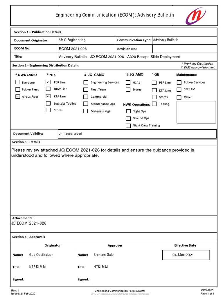 A320 Escape Slide Deployment Notice | PDF | Transport | Aircraft