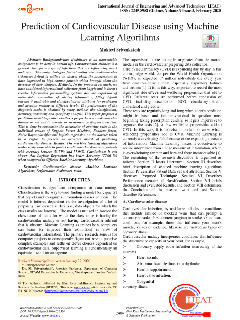 Prediction of Cardiovascular Disease Using Machine Learning Algorithms | Download Free PDF ...
