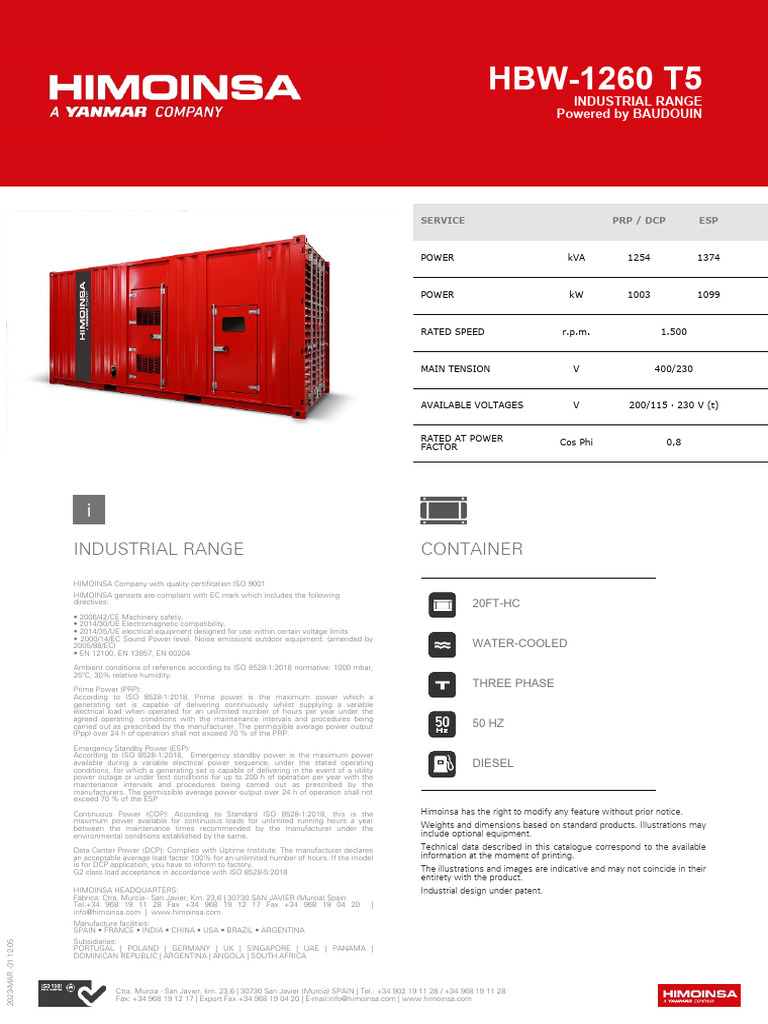 Generator Set Data Sheet HBW 1260 t5 Soundproof English | PDF | Diesel ...