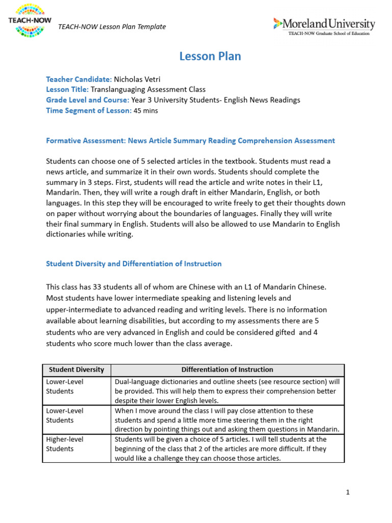 NV - Translanguaging Assessment | PDF | Reading Comprehension | Lesson Plan