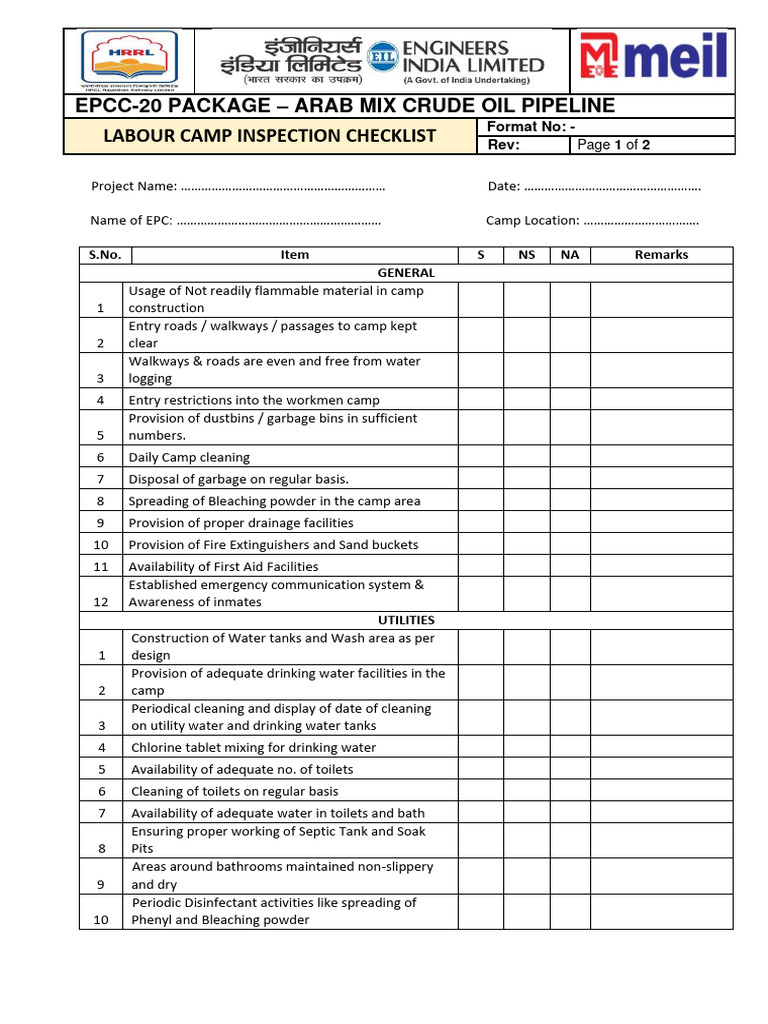 Labour Camp Inspection Checklist | PDF | Water | Kitchen