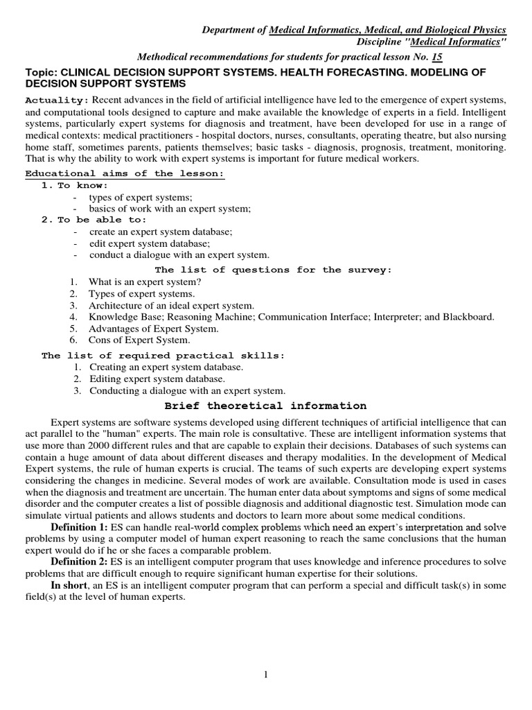 15 - Clinical Decision Support Systems. Health Forecasting. Modeling of ... 15 - Clinical Decision Support Systems. Health Forecasting. Modeling of ...