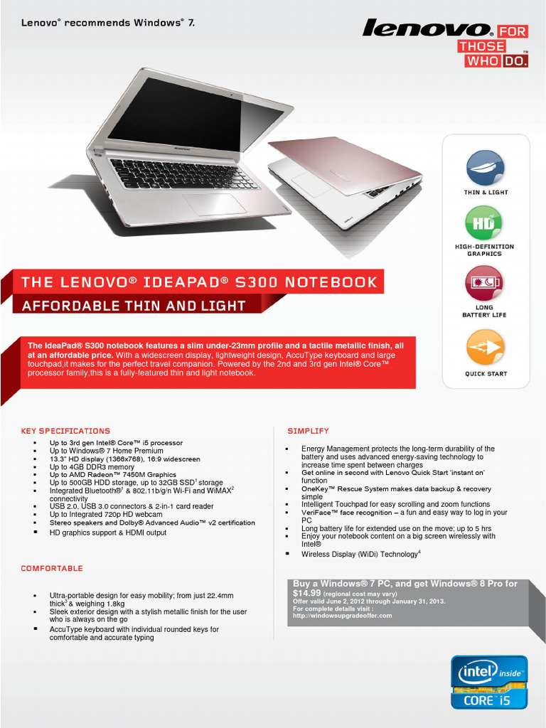 Lenovo Ideapad S300 Datasheet | PDF | Laptop | Computer Hardware