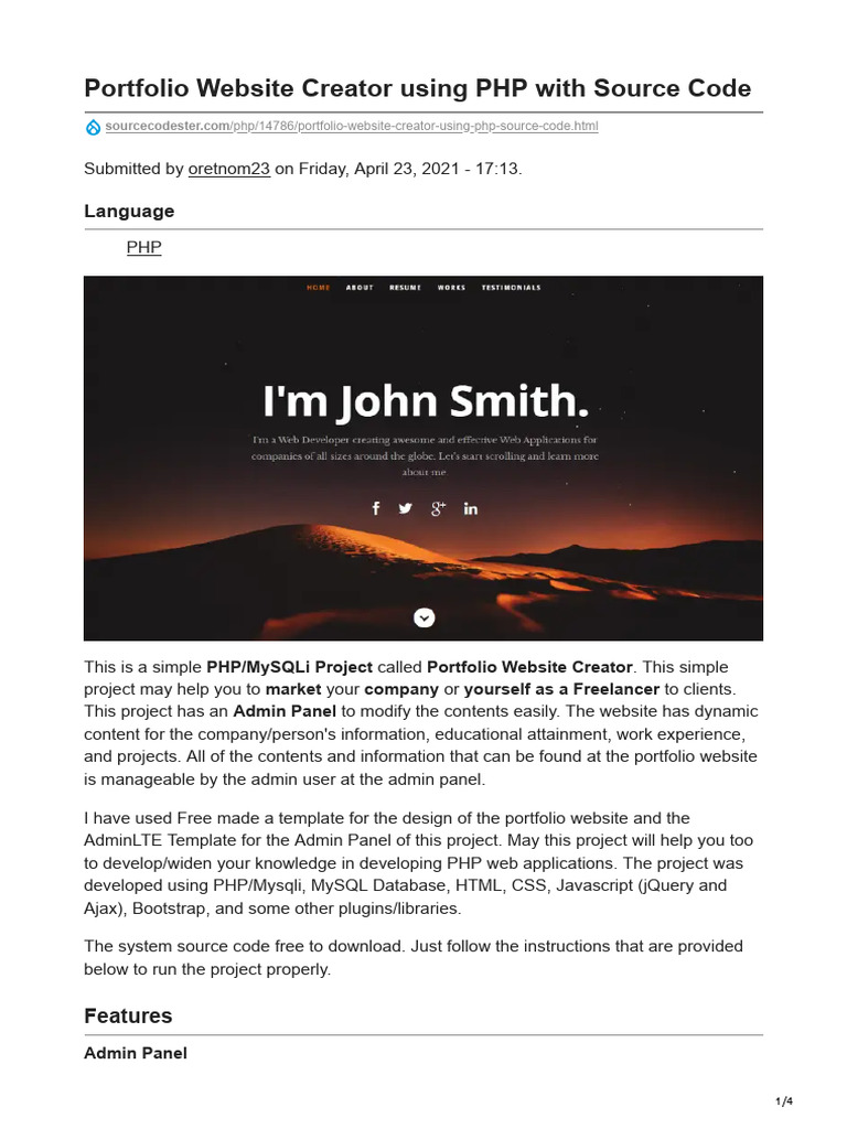 Portfolio Website Creator Using PHP With Source Code | PDF | Websites | Php