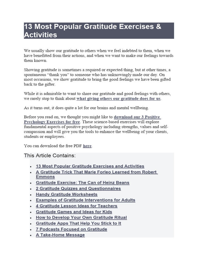 13 Most Popular Gratitude Exercises | Download Free PDF | Gratitude | Meditation