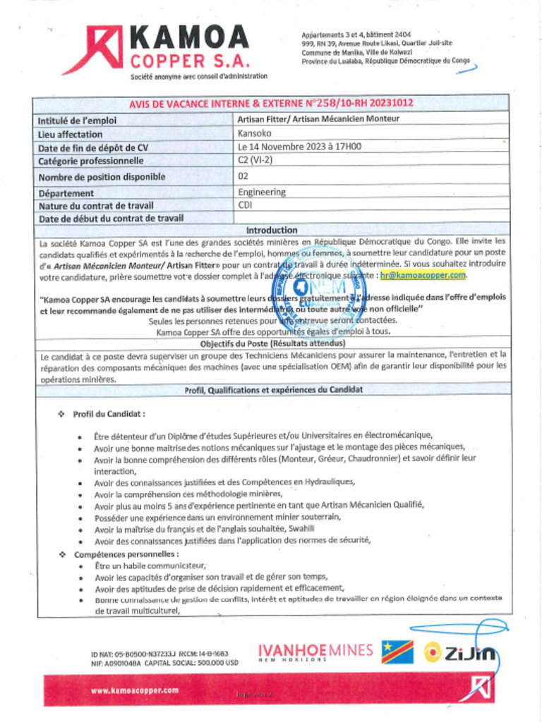 Advert N 258 Artisan Fitter | PDF