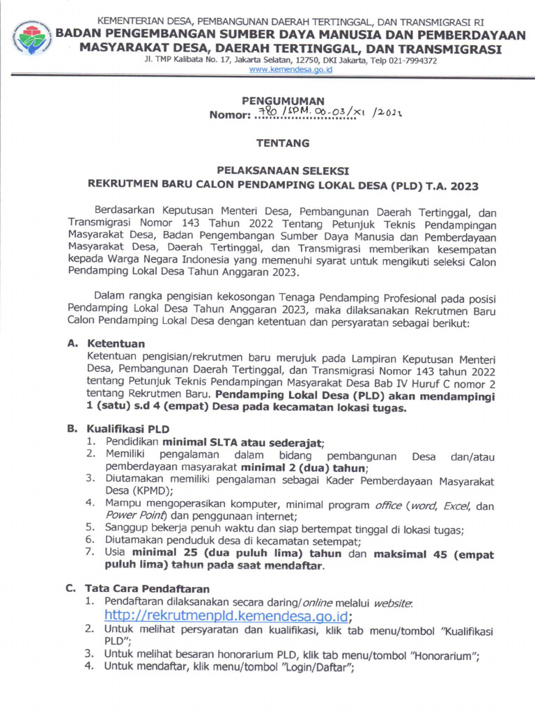 780 - Pengumuman Rekrutmen Baru PLD 2023 | PDF