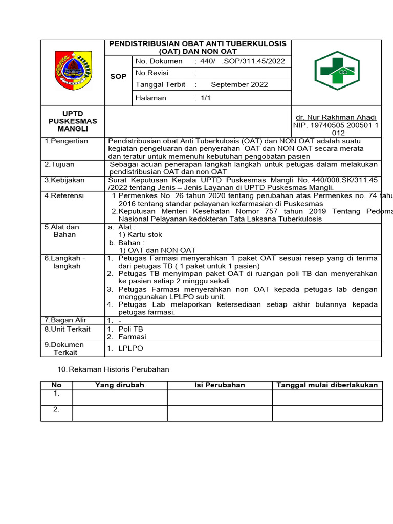Sop Pendistribusian Obat Anti Tuberkulosis (Oat) Dan Non Oat | PDF