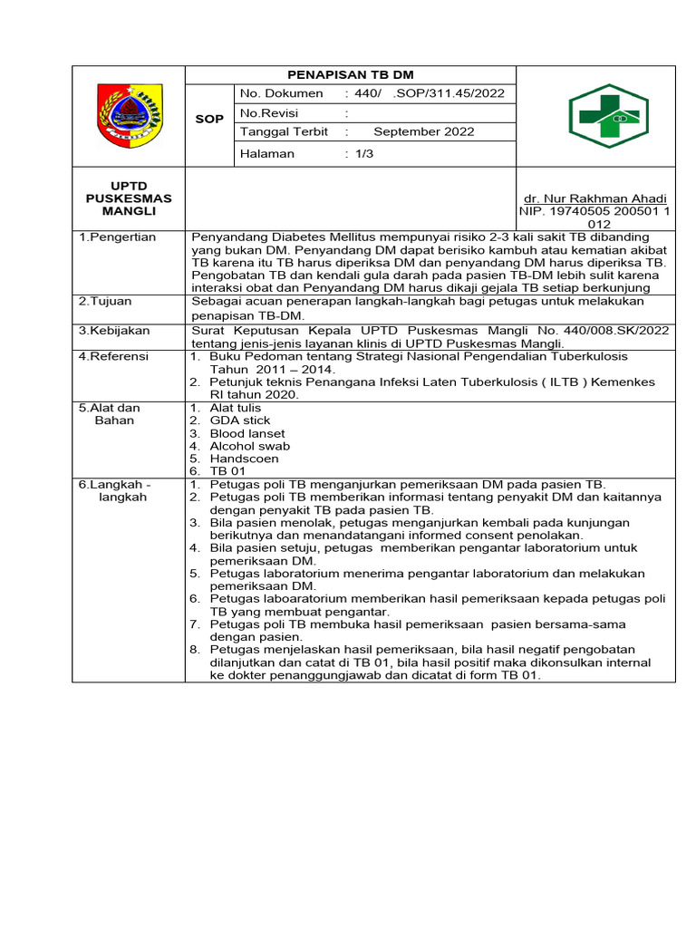 Sop Penapisan TB DM | PDF