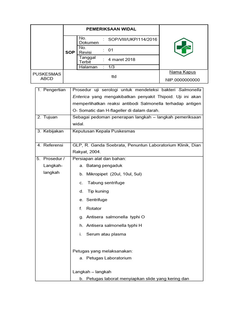SOP Pemeriksaan Widal S | PDF