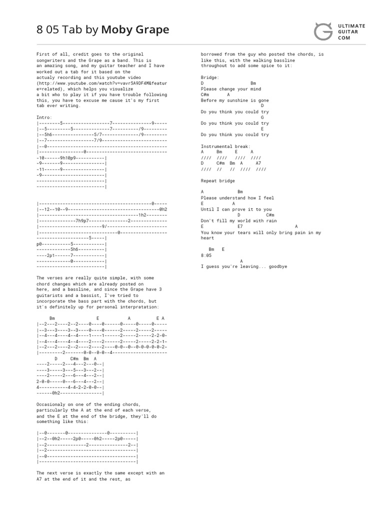 Moby Grape's "8:05" Guitar Tab | PDF | Song Structure | Bass Guitar