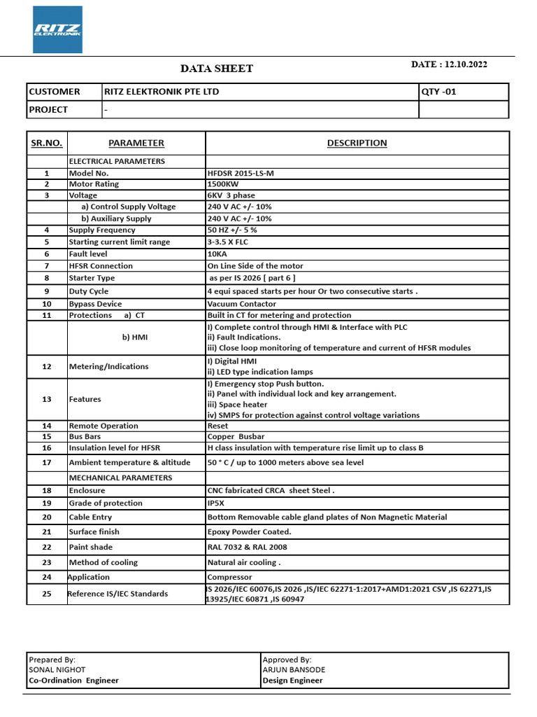 HFDSR Technical Datasheet | PDF | Alternating Current | Electric Motor