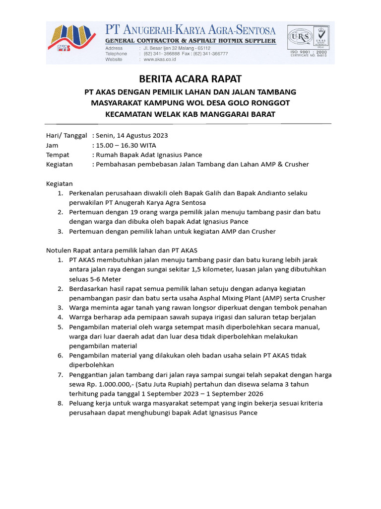 BA Rapat PT AKAS Dengan Pemilik Lahan Dan Jalan Tambang-1 | PDF