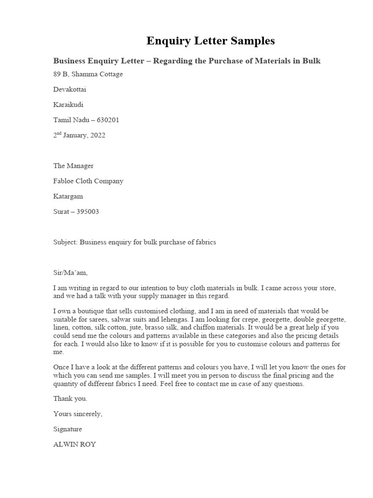 Inquiry Letter Samples 12062023 123442pm | PDF | Textiles